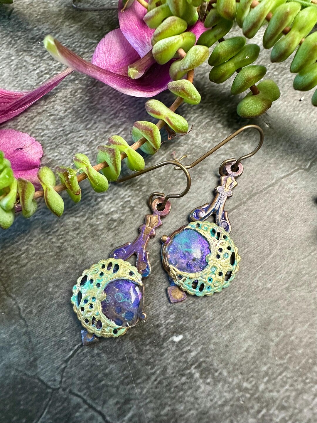 Gleaming Moon Filigree Drop Earrings Iridescent Hand Beaten Brass With ...