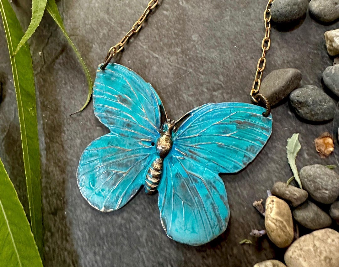 Verdigris Butterfly Necklace - Handmade Solid Brass With Blue Patina - Etsy