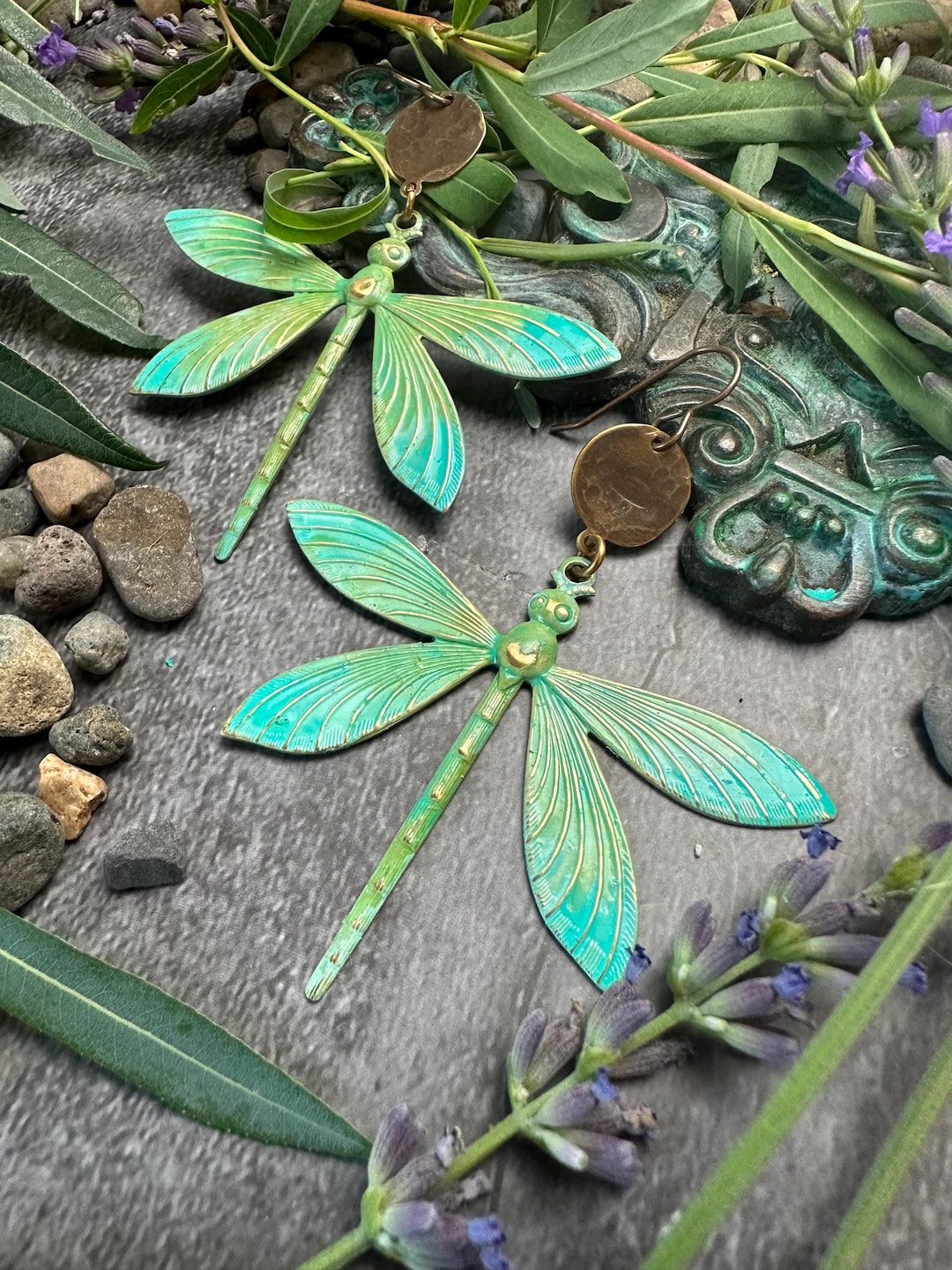 Radiant Dragonfly Earrings - Handcrafted Brass With Green Patina - Art ...