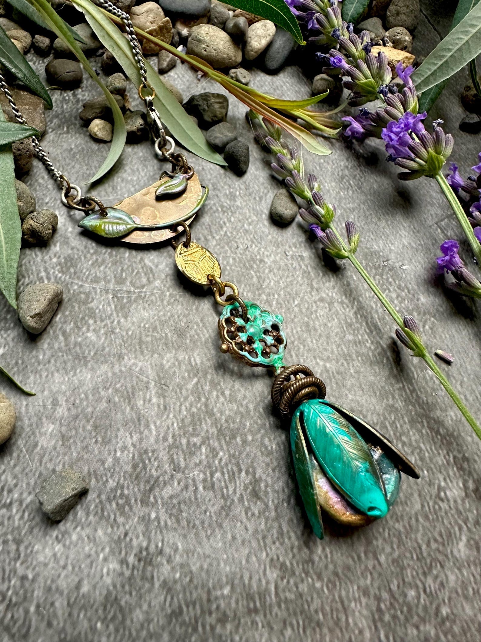 Lotus Scarab Necklace - Handmade Beaten Brass Hand Patina - Etsy