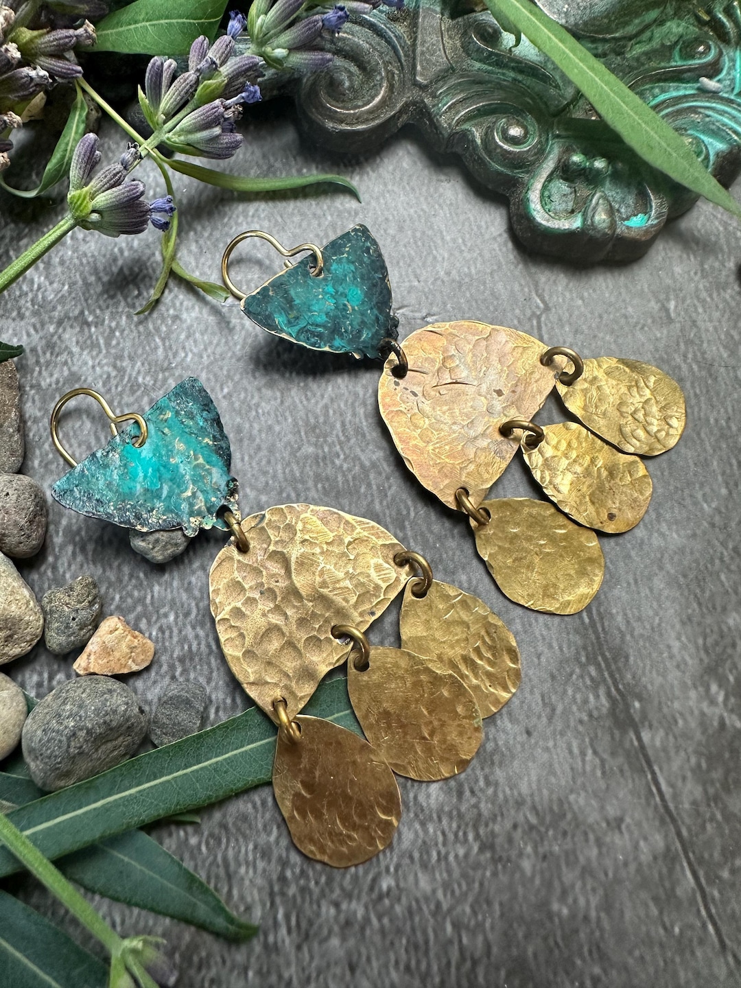 Goddess Tears Earrings - Handmade Solid Beaten Brass Hand Patina - Etsy