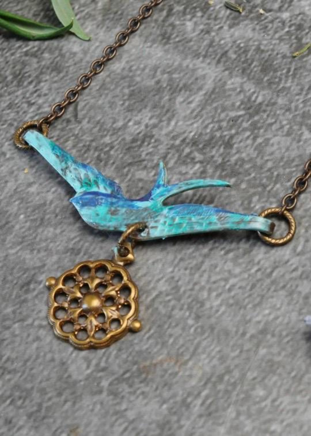 Bohemian Compass Sparrow Necklace - Handcrafted Blue Patina Brass ...
