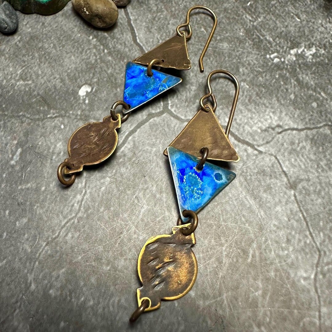 Geometric Triangle Ancient Vessel Earrings- Hand Enamel Blue Bronze ...