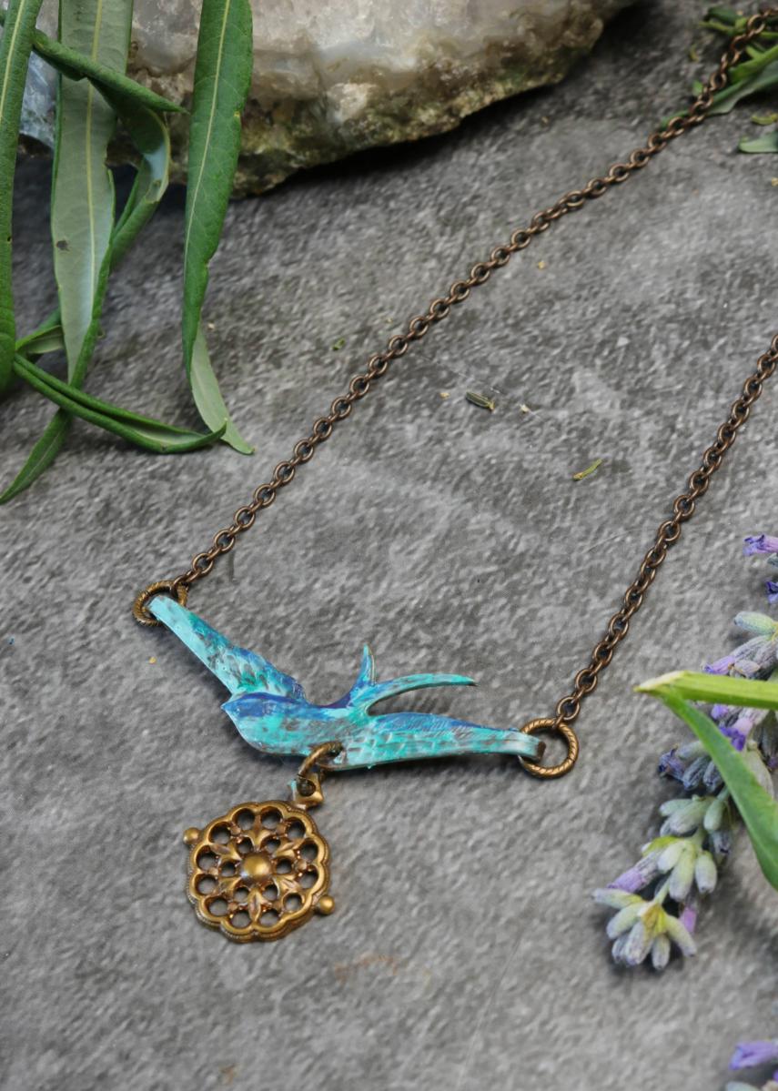 Bohemian Compass Sparrow Necklace - Handcrafted Blue Patina Brass ...