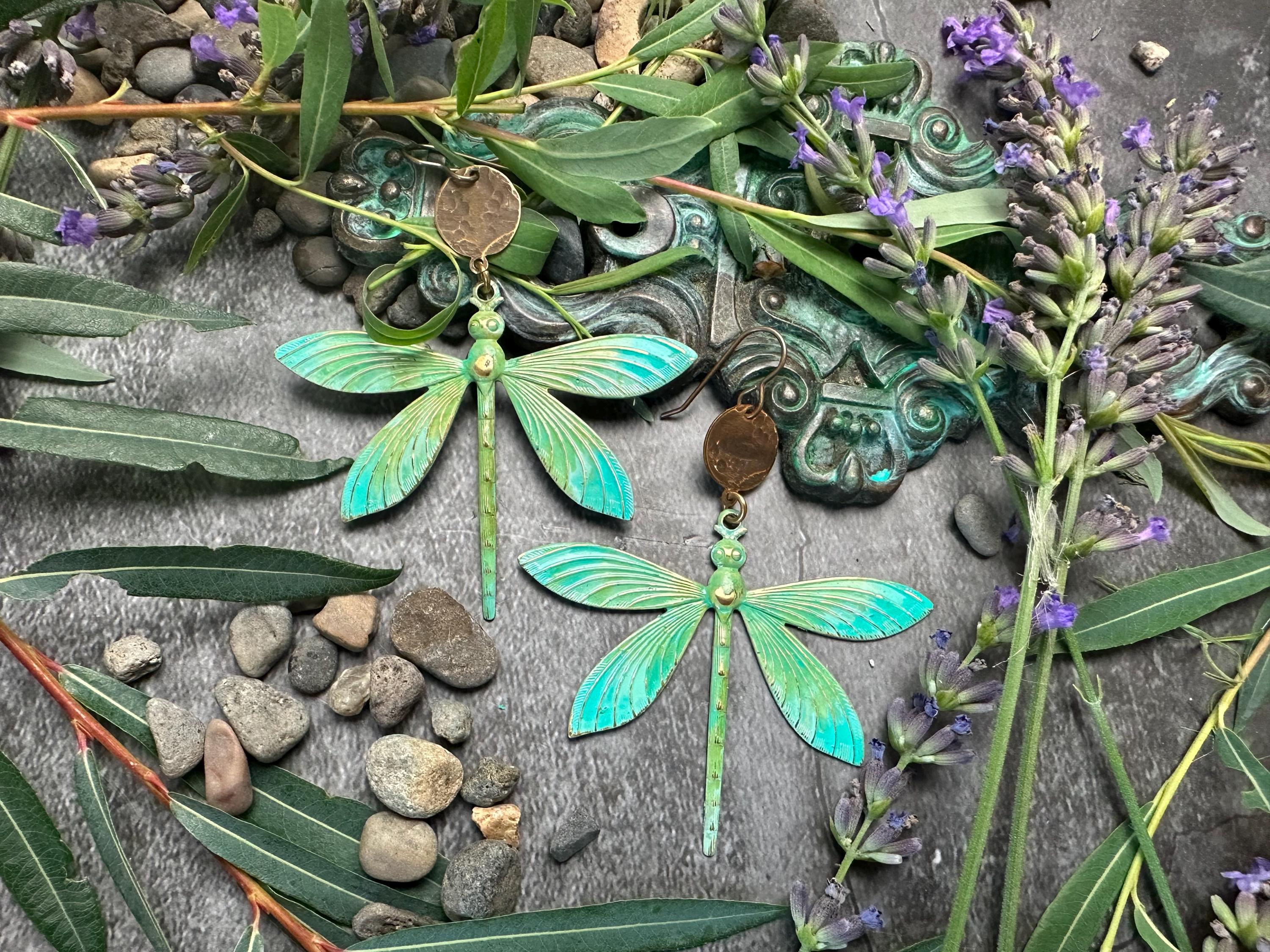 Radiant Dragonfly Earrings - Handcrafted Brass With Green Patina - Art ...