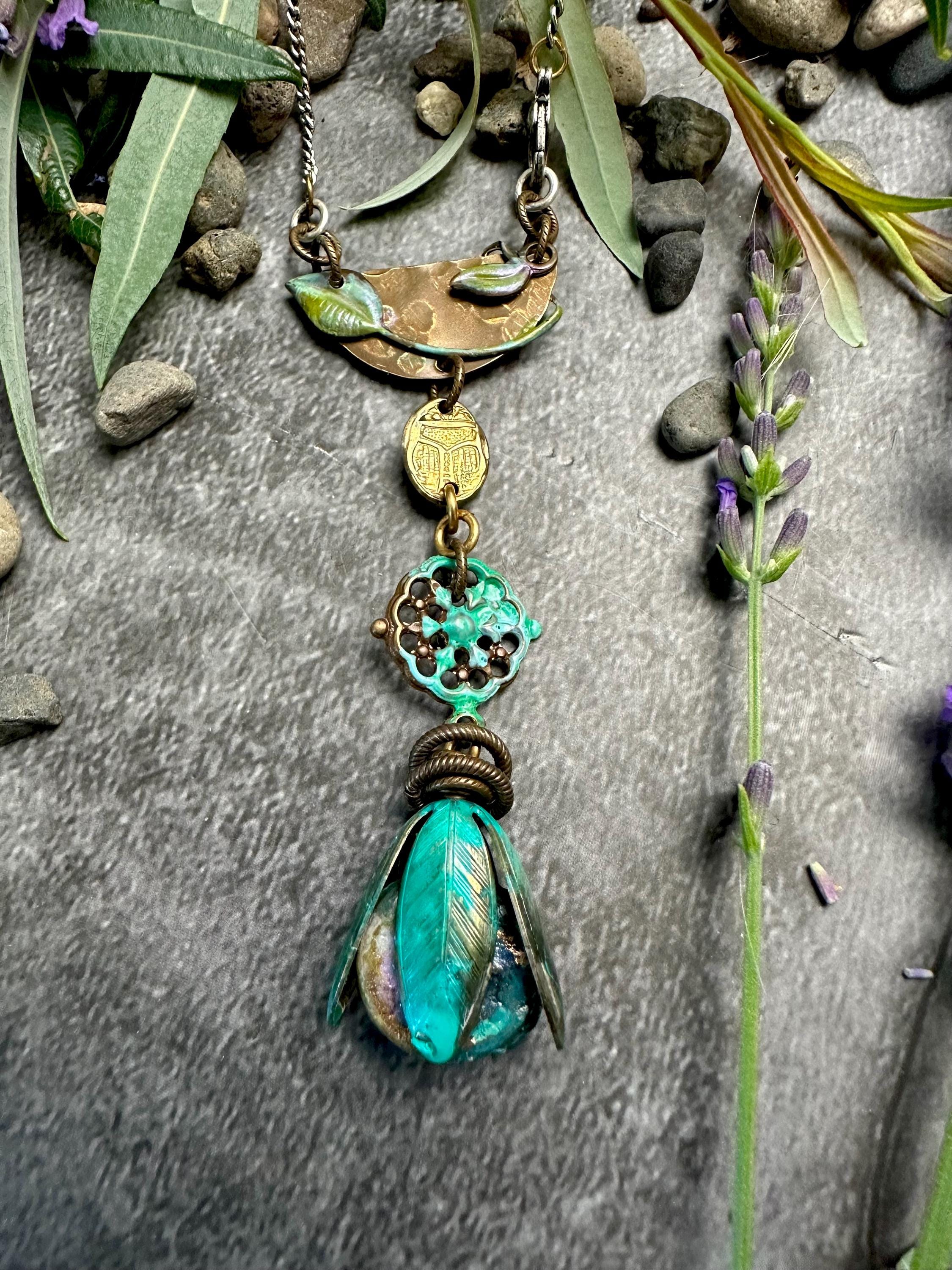 Lotus Scarab Necklace - Handmade Beaten Brass Hand Patina - Etsy