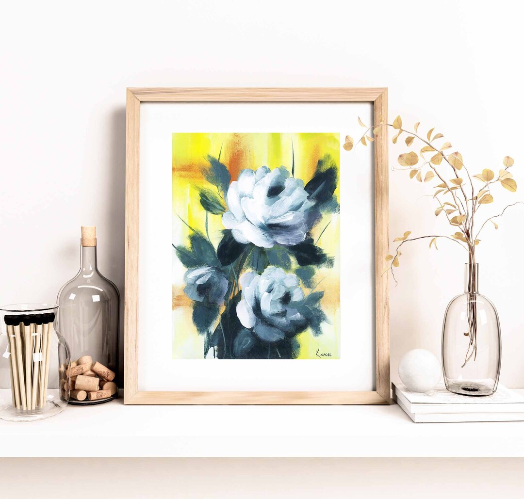 Yellow and Blue Floral Print, Based on Original Chic Floral Acrylic ...
