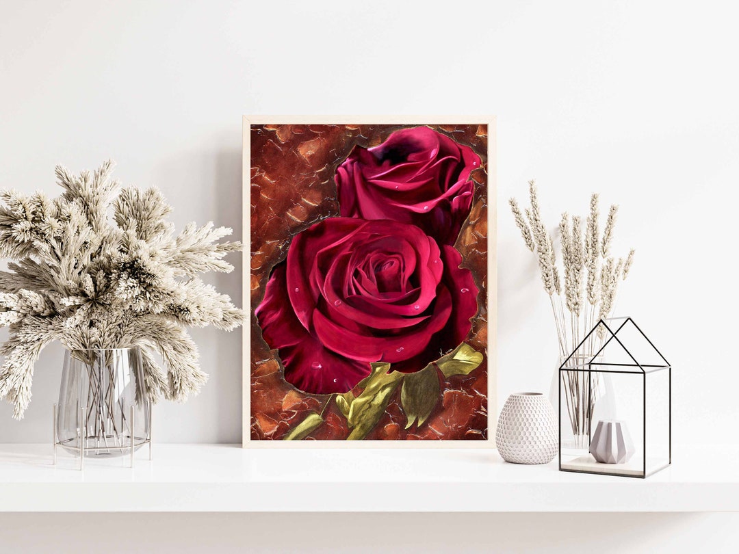Red Roses Art Print, Based in Red Oil Painting, Gold Leaf, Customizable ...