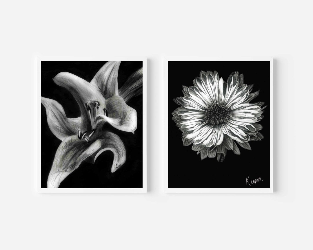 Graphite Flowers Set of 2 - Etsy