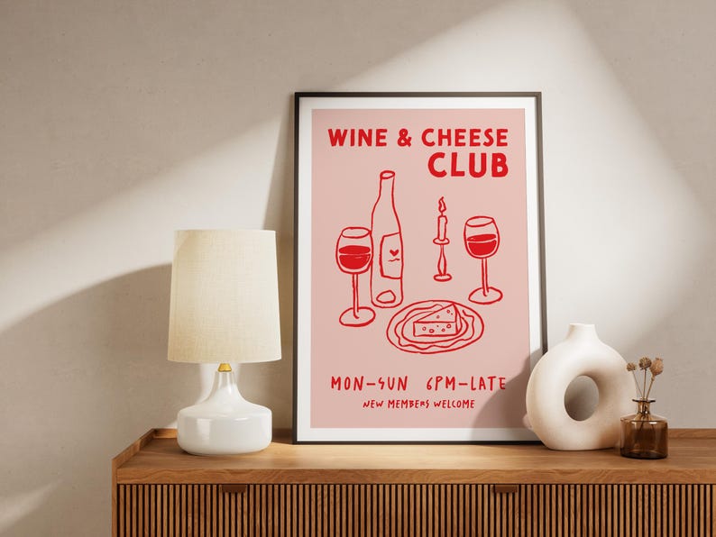Wine and Cheese Club Poster | Red and Pink Preppy Wall Art, Girl Dinner ...