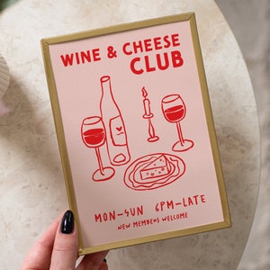Wine and Cheese Club Poster | Red and Pink Preppy Wall Art, Girl Dinner ...