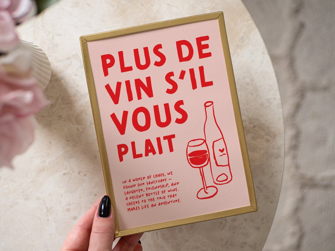 Wine Art Painting Plus De Vin Print, Red Wine Art Painting, Galentines ...
