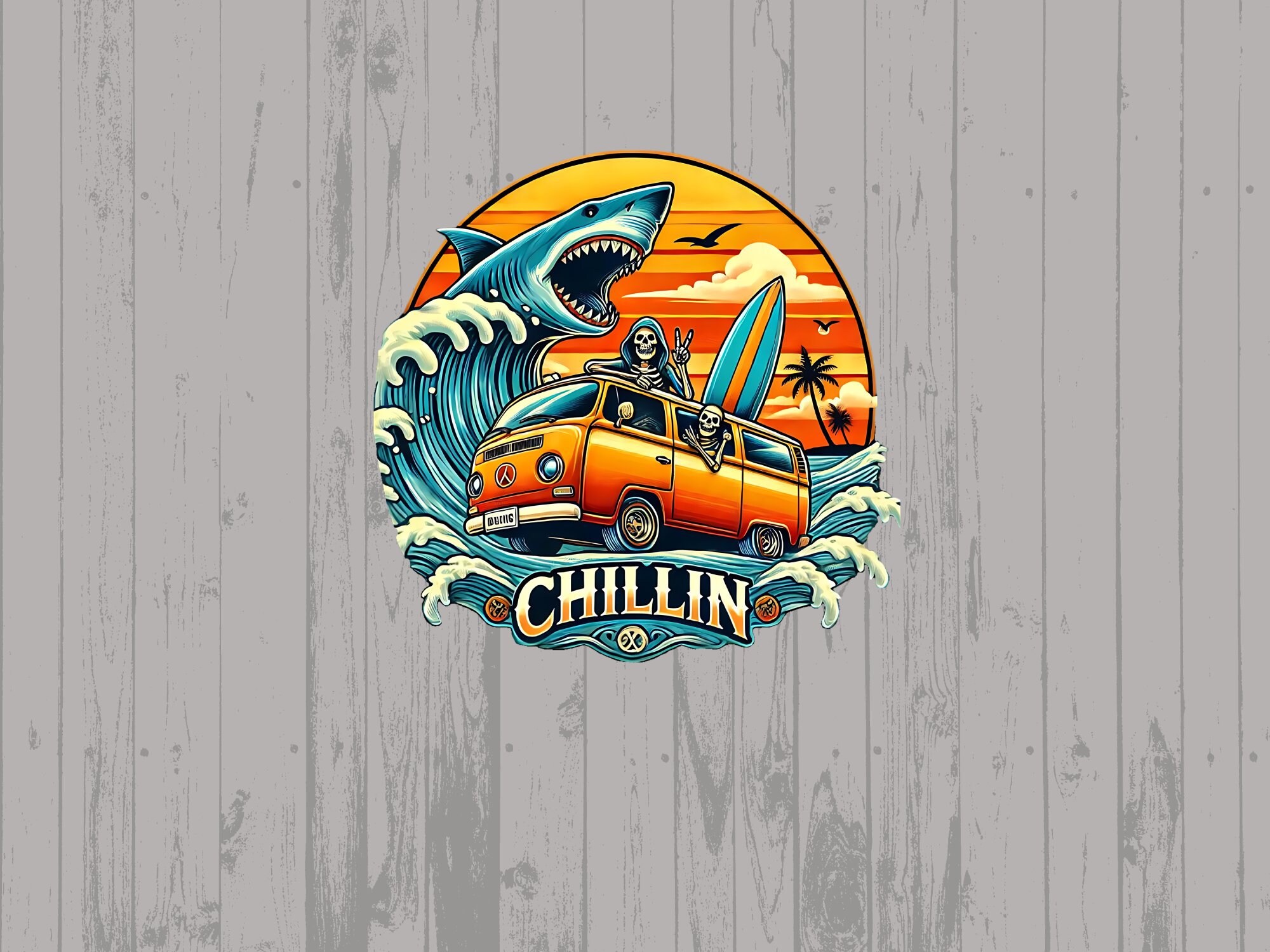 Retro Surfing Skeletons and Shark Van Digital Art, Beach Vibes Skull ...