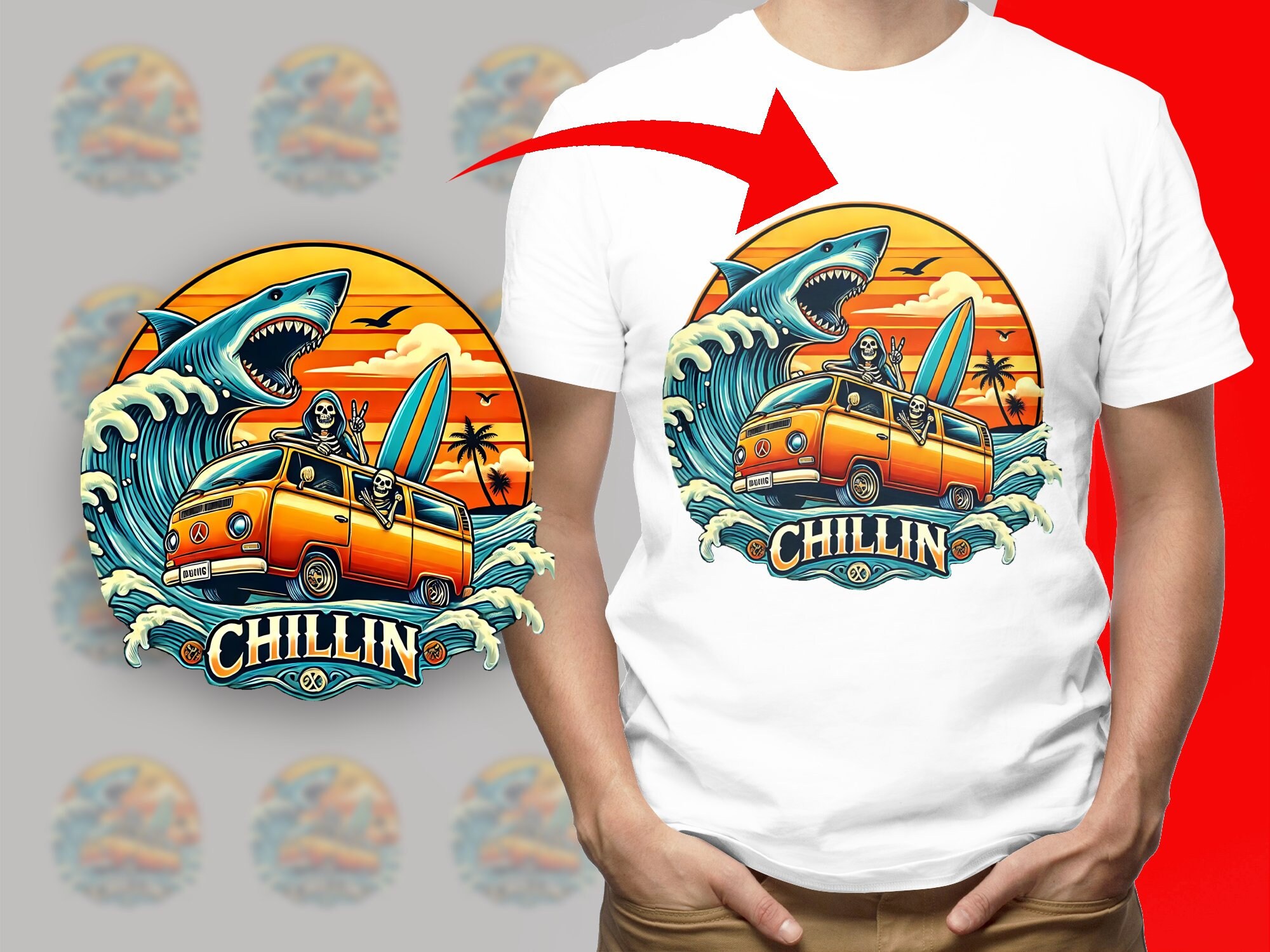 Retro Surfing Skeletons and Shark Van Digital Art, Beach Vibes Skull ...