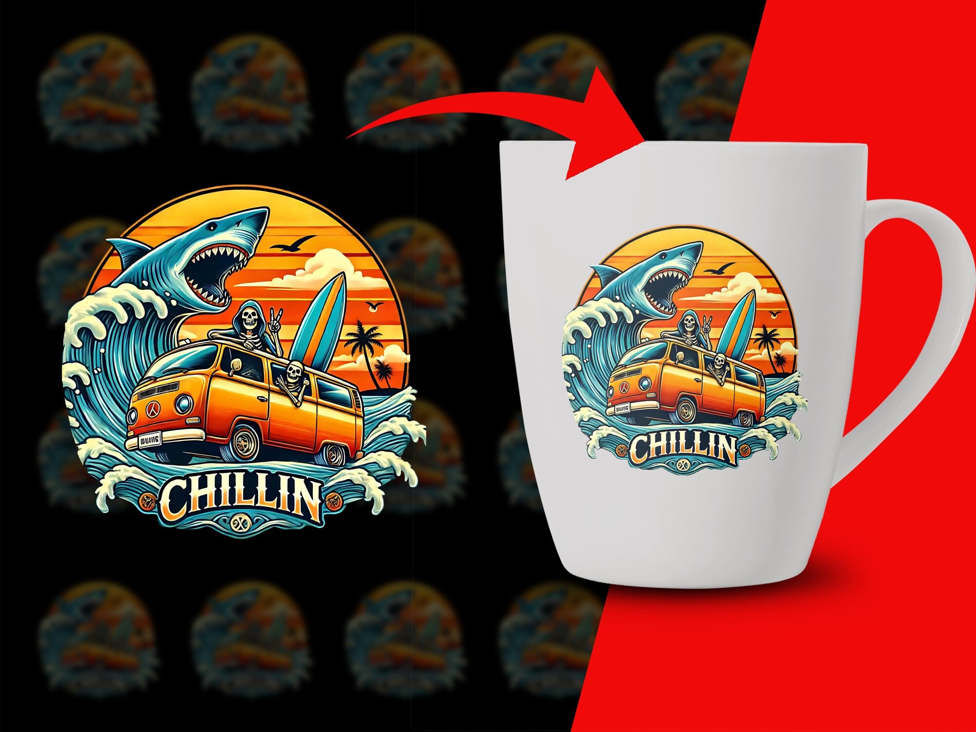 Retro Surfing Skeletons and Shark Van Digital Art, Beach Vibes Skull ...