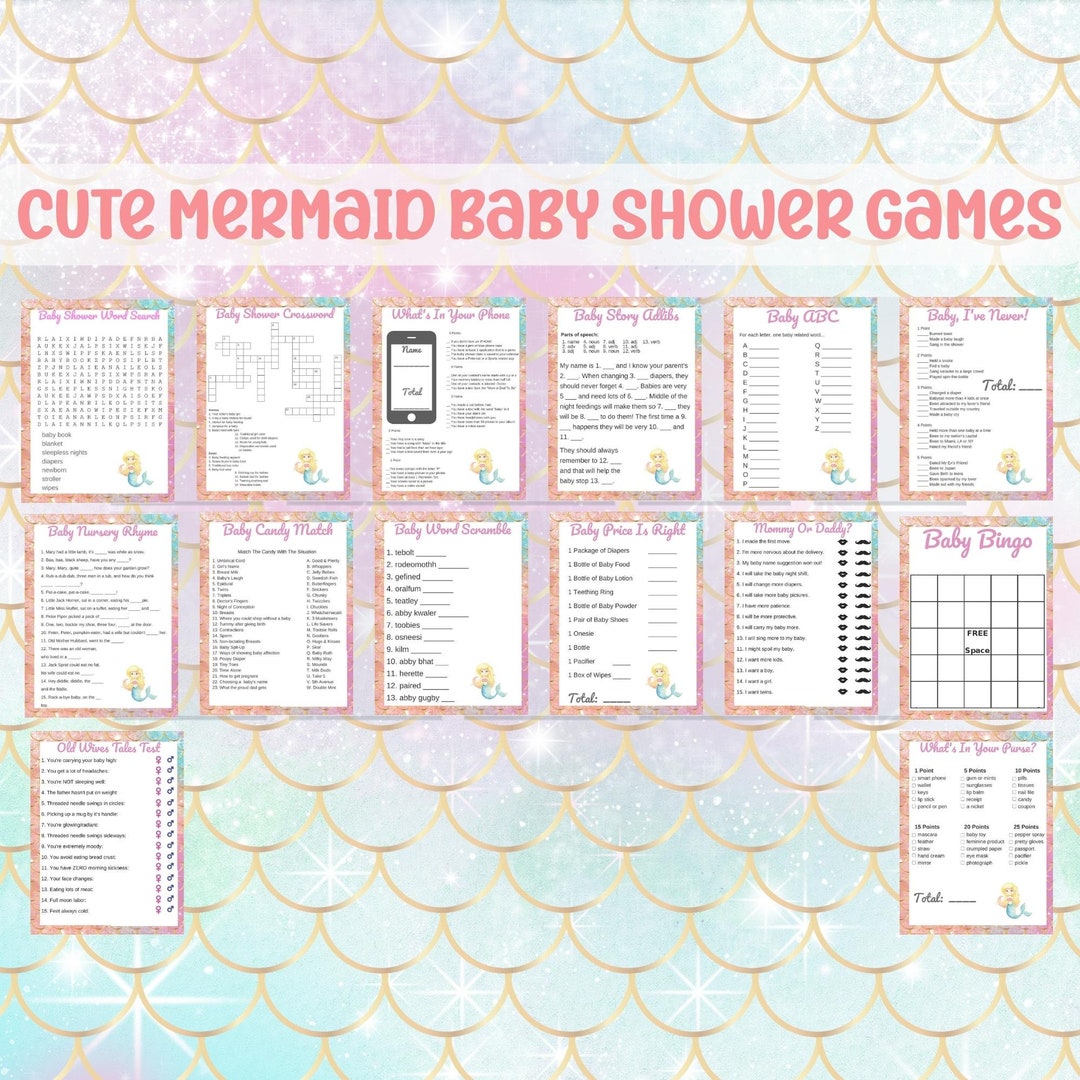 14 Baby Shower Games, Cute Mermaid Baby Shower Games Bundle, Download ...