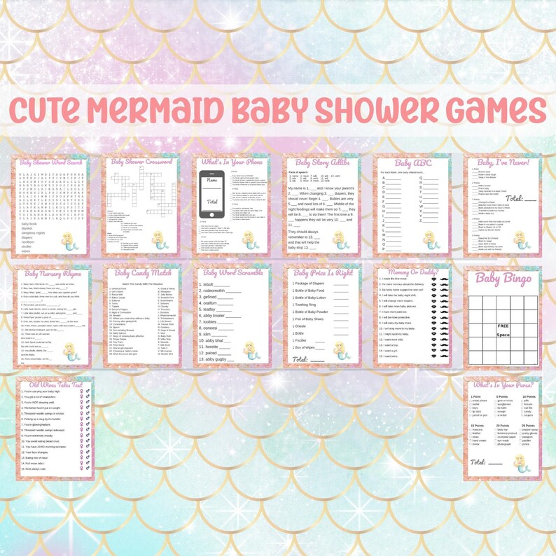 14 Baby Shower Games, Cute Mermaid Baby Shower Games Bundle, Download ...