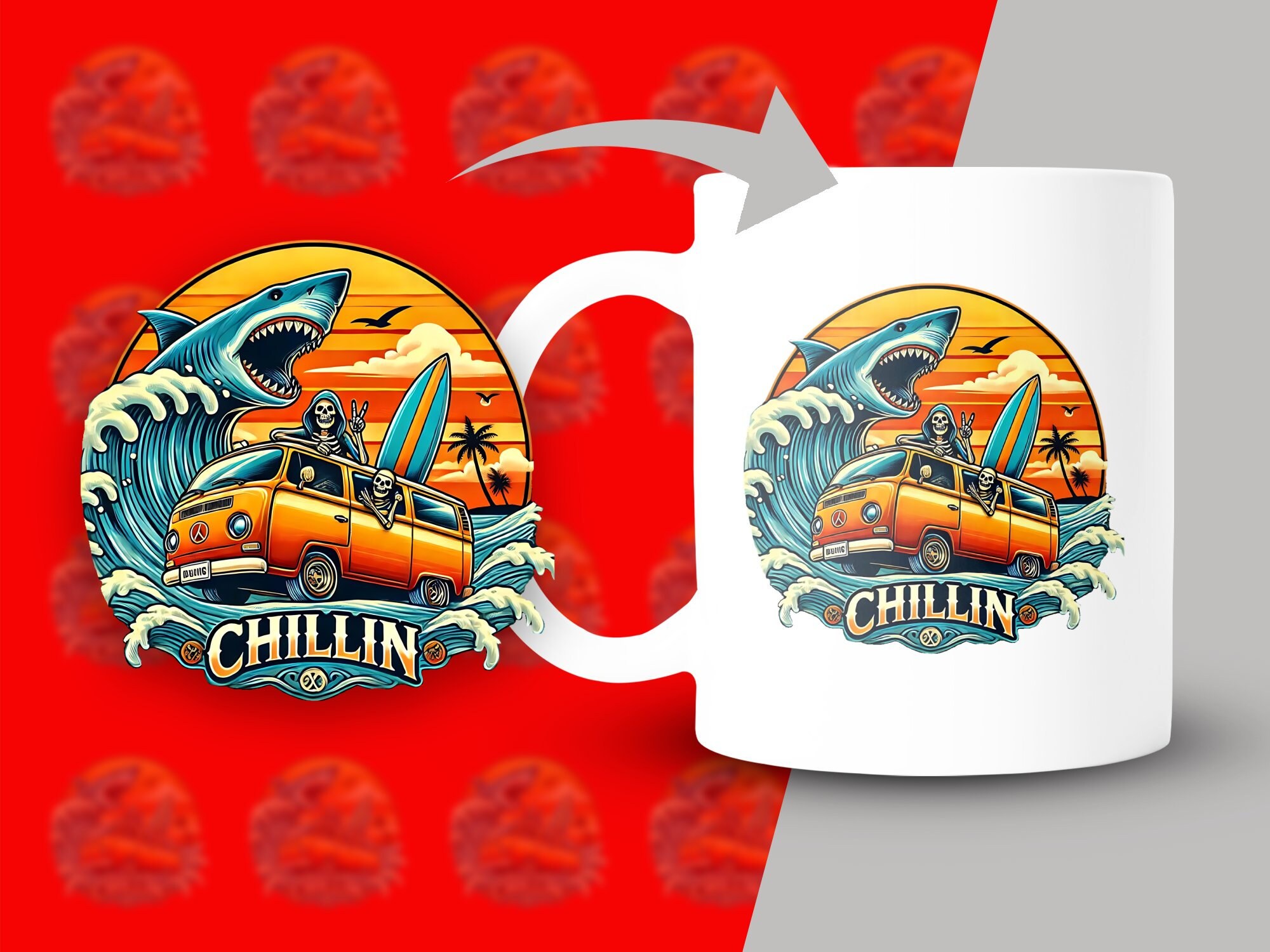 Retro Surfing Skeletons and Shark Van Digital Art, Beach Vibes Skull ...