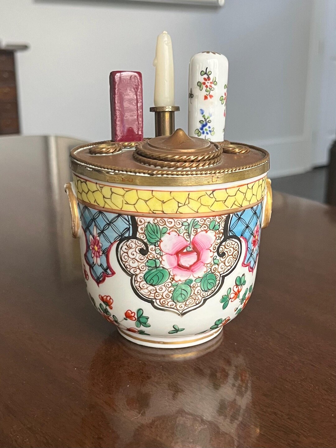 Floral Porcelain Inkwell With Brass Lid & Seal: Signed French Antique ...