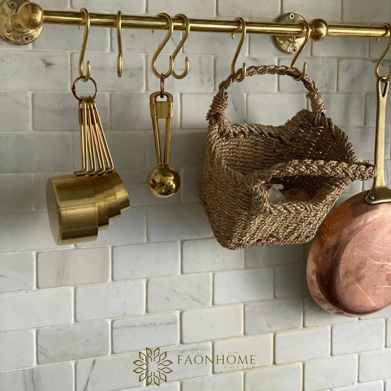 Unlacquered Brass Wall Pot Rack With Kitchen Rail and Hooks Moroccan ...