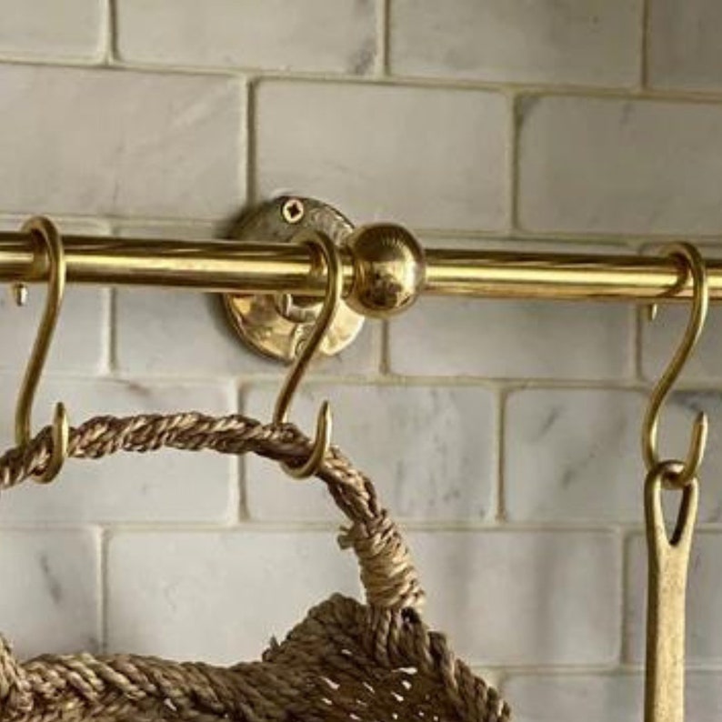 Unlacquered Brass Wall Pot Rack With Kitchen Rail and Hooks Moroccan ...
