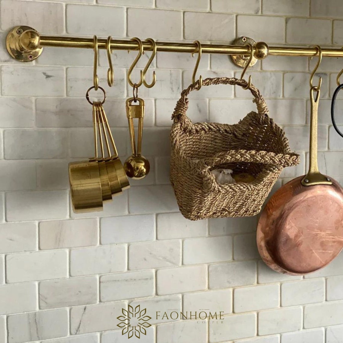 Unlacquered Brass Wall Pot Rack With Kitchen Rail and Hooks Moroccan ...