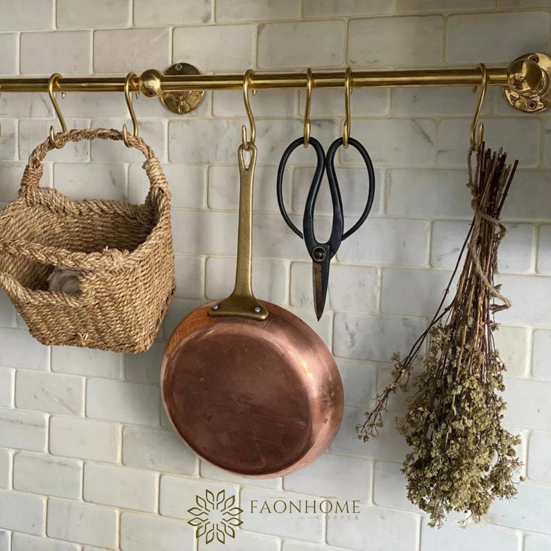 Unlacquered Brass Wall Pot Rack With Kitchen Rail and Hooks Moroccan ...