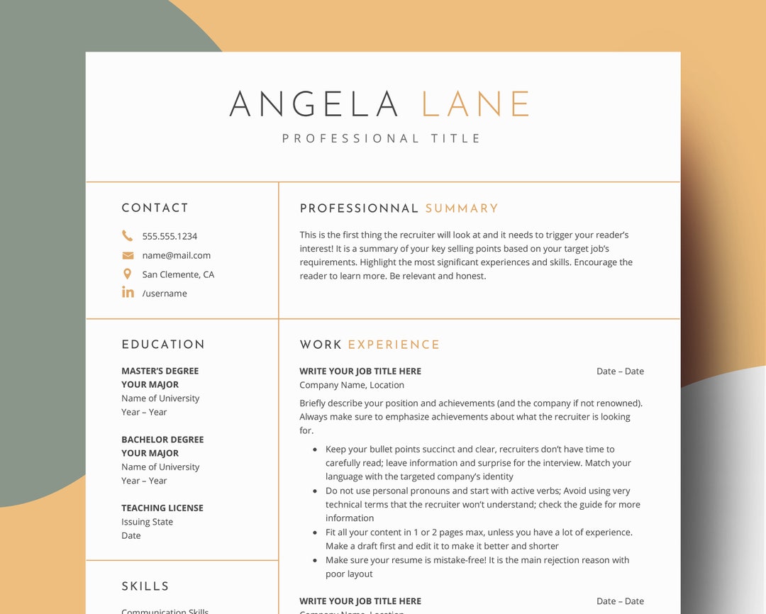 Teacher Resume Template for Word & Google Docs, Cover Letter ...
