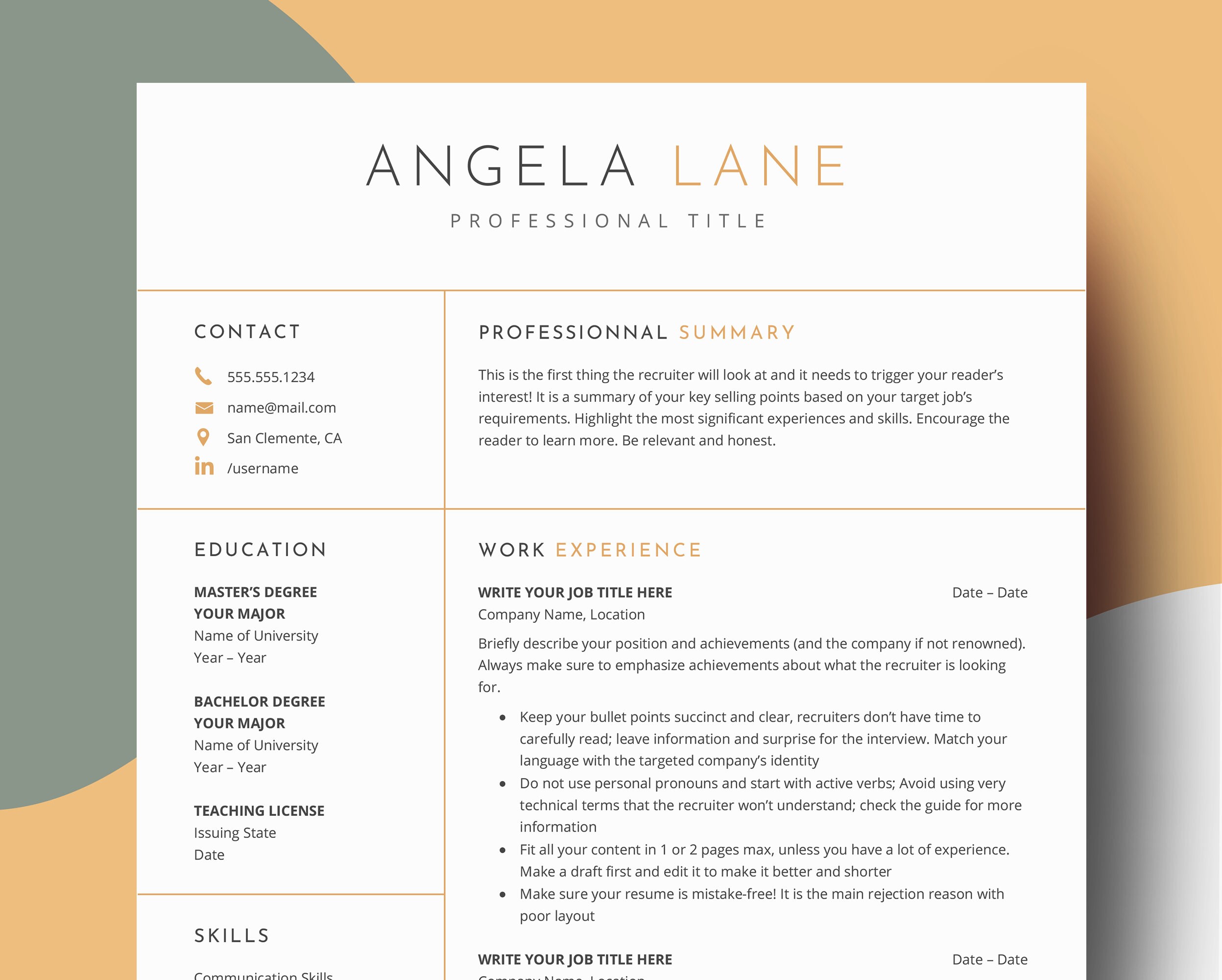 Teacher Resume Template for Word & Google Docs, Cover Letter ...