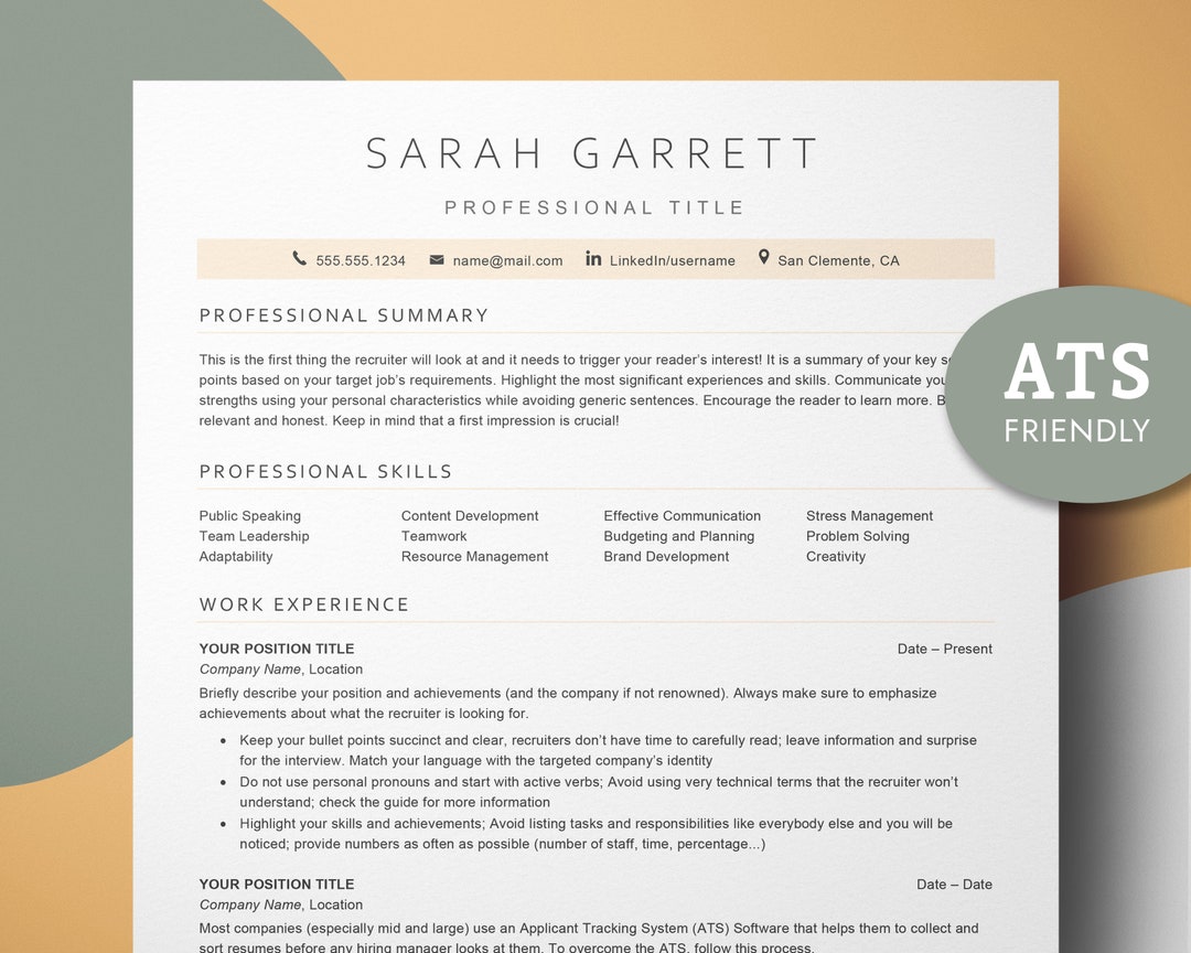 ATS Friendly Resume Template for Google Docs and Word, Professional ...