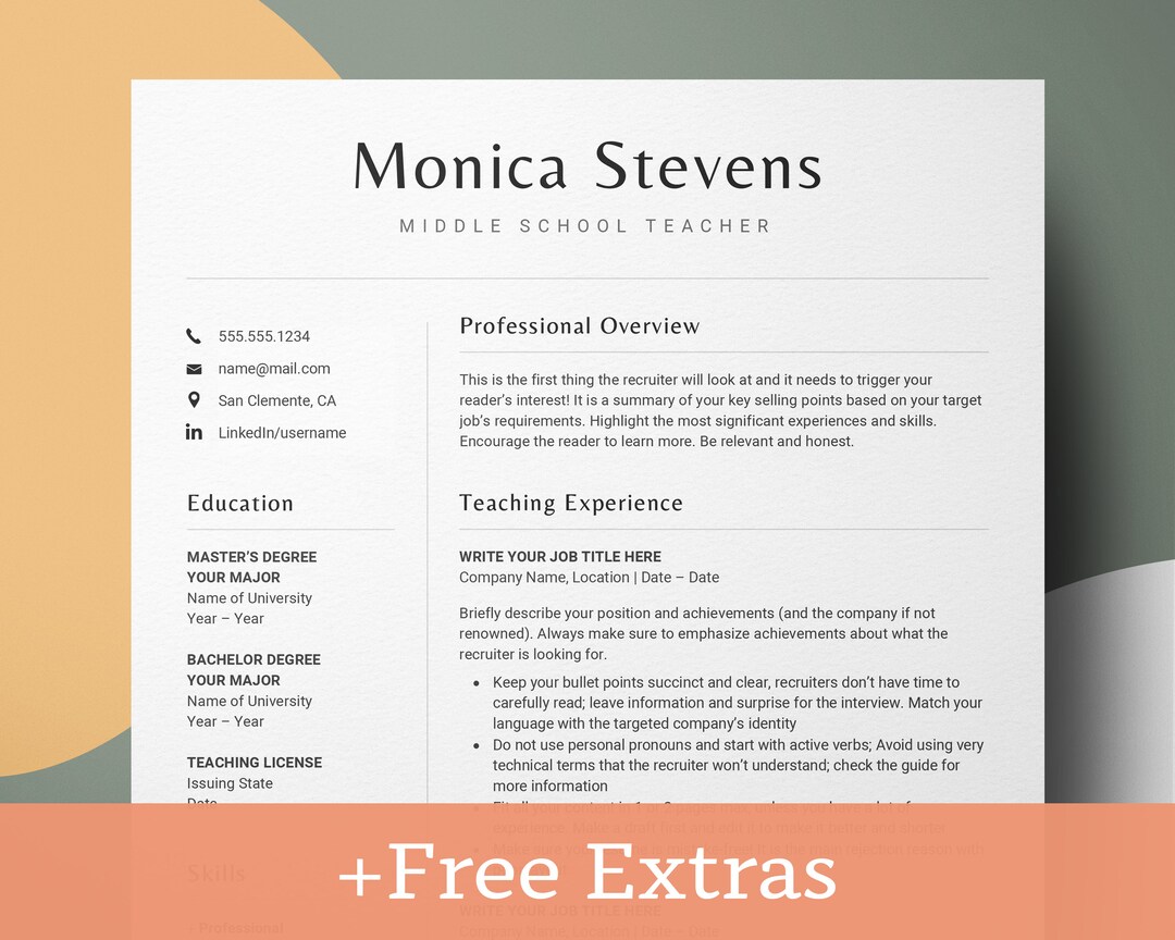 Modern Resume Template Teacher for Google Docs & Word, Teacher CV ...