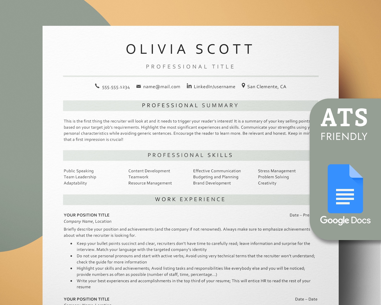 Google Docs Resume, ATS Friendly Resume Template, Professional ATS ...