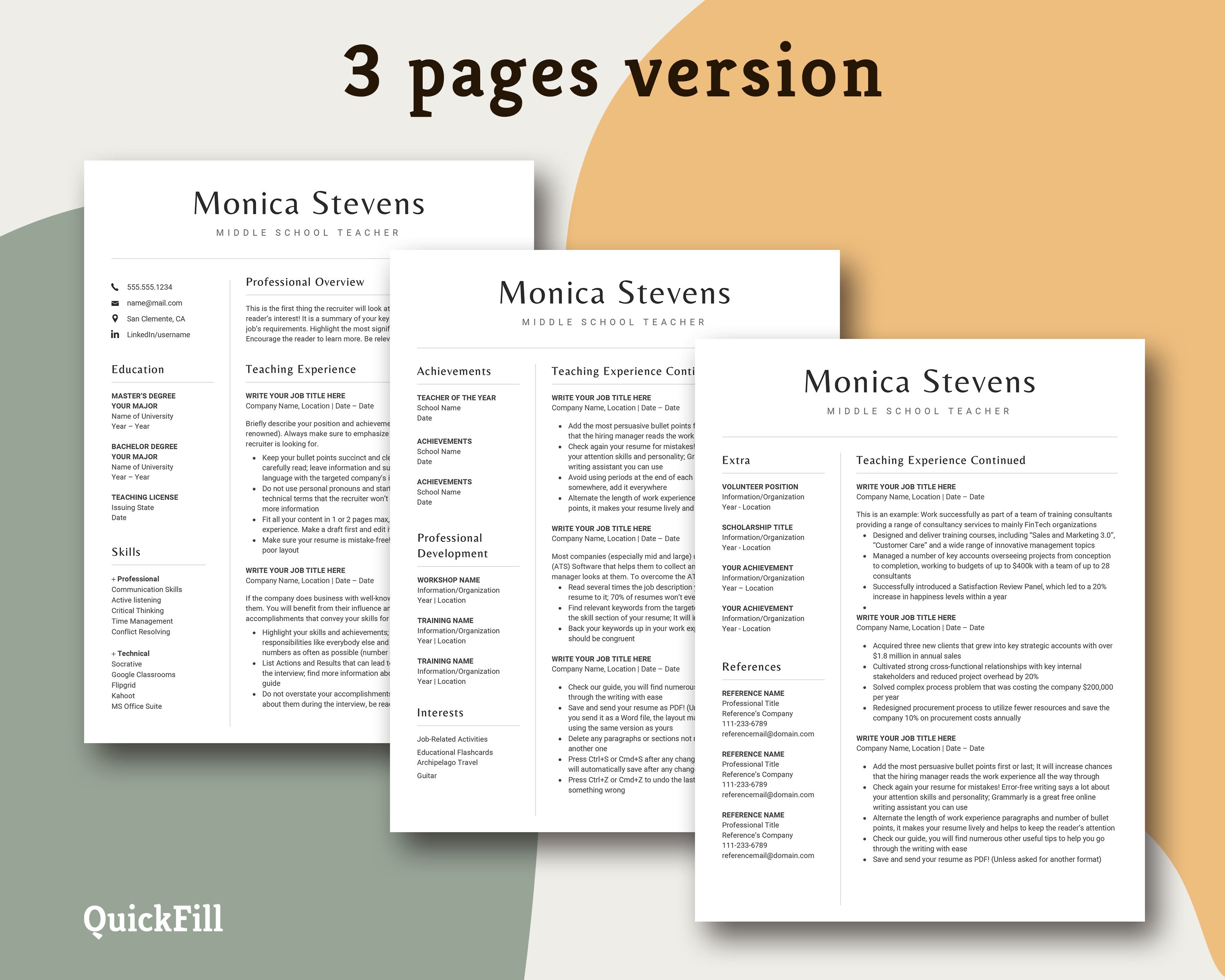 Modern Resume Template Teacher for Google Docs & Word, Teacher CV ...