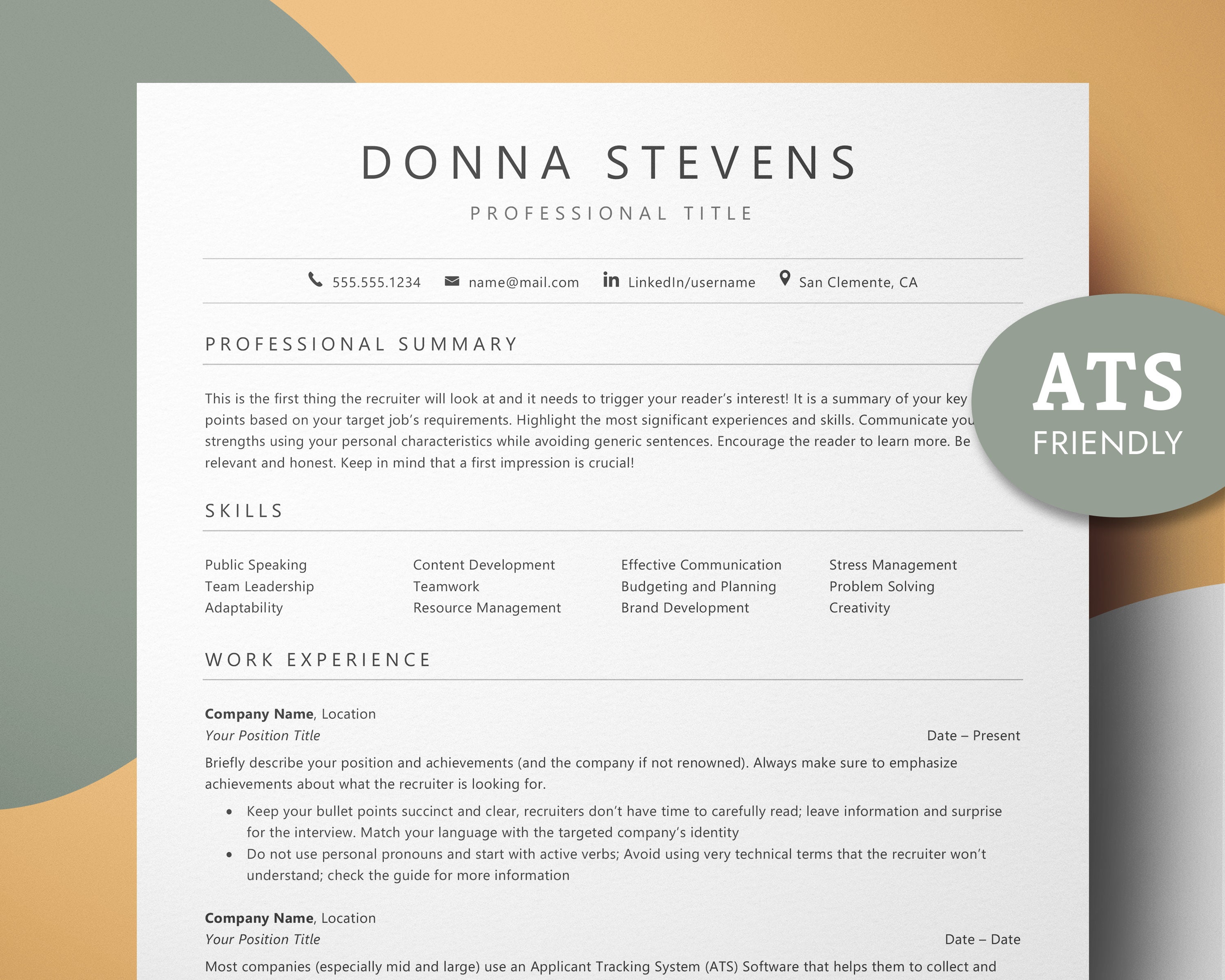 Professional Resume ATS, ATS Resume Template Word, Ats Friendly Resume ...