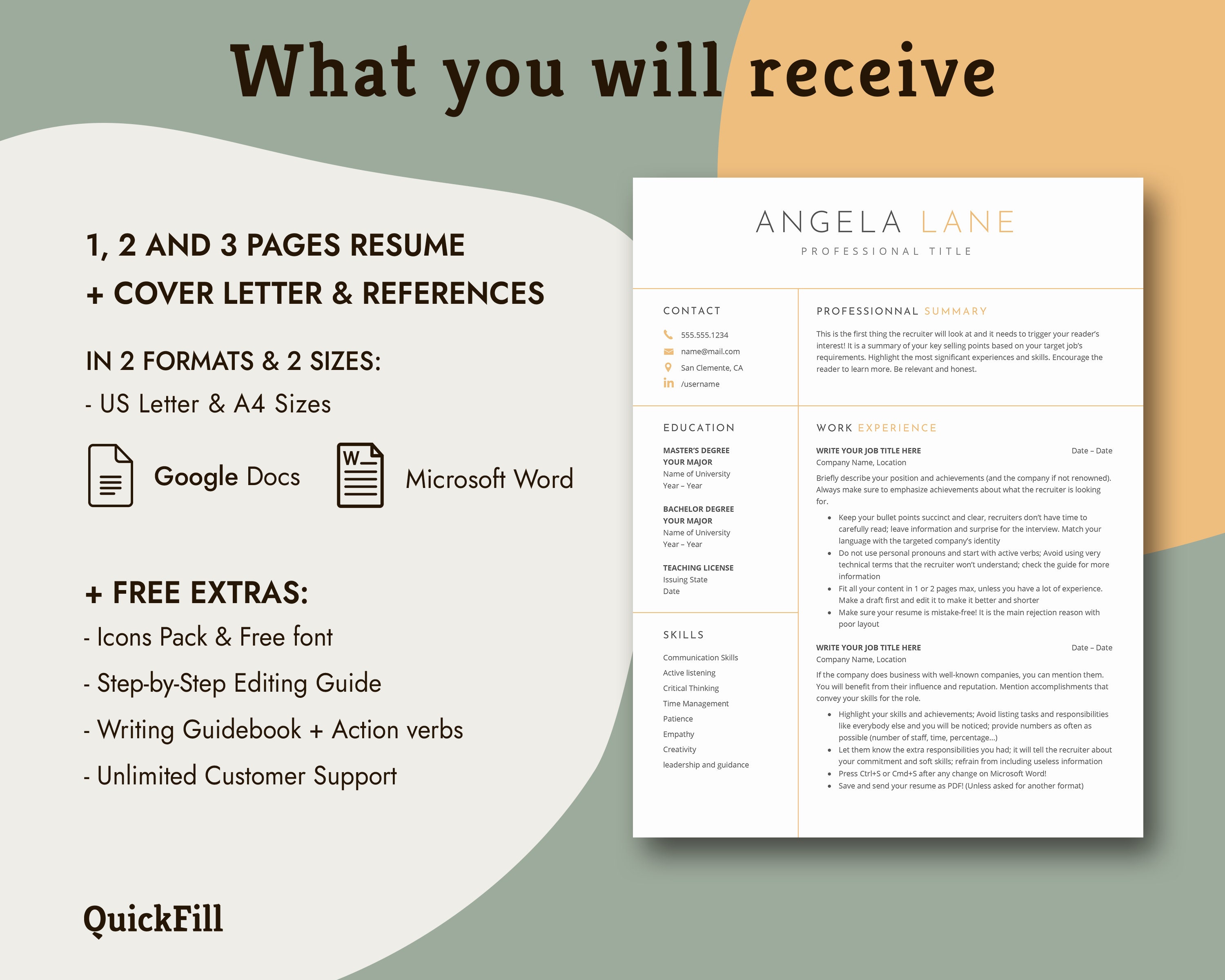 Teacher Resume Template for Word & Google Docs, Cover Letter ...