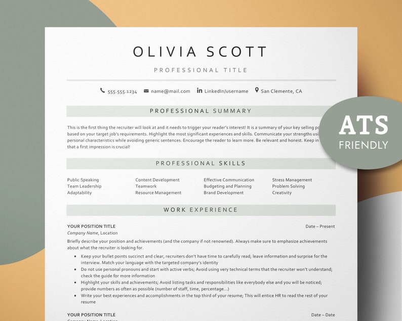 Two Page Resume ATS Friendly for Google Docs & Word, ATS Compatible ...