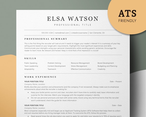 ATS Resume Template Word Google Docs Minimalist ATS CV | Etsy