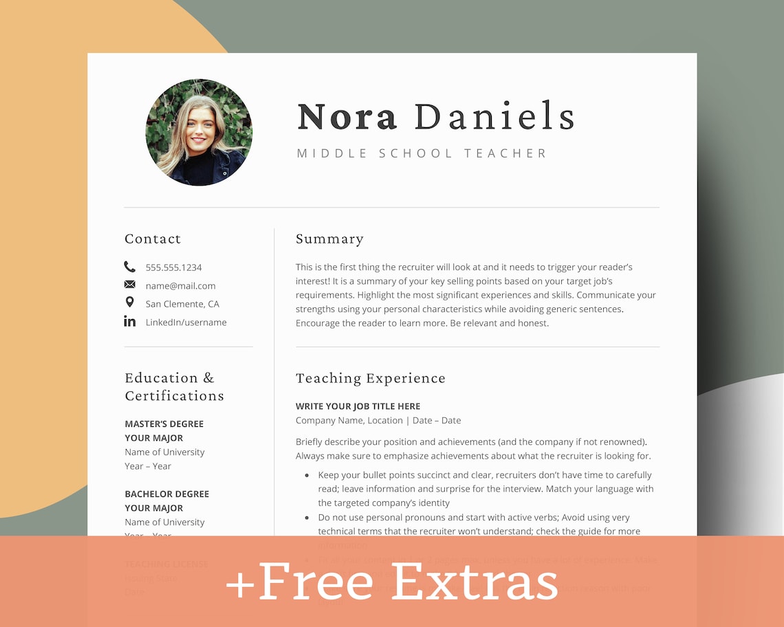 New Teacher Resume Template With Photo, Education CV Word, Google Docs ...