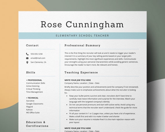 Teacher Resume Template Word Google Docs Teaching CV | Etsy