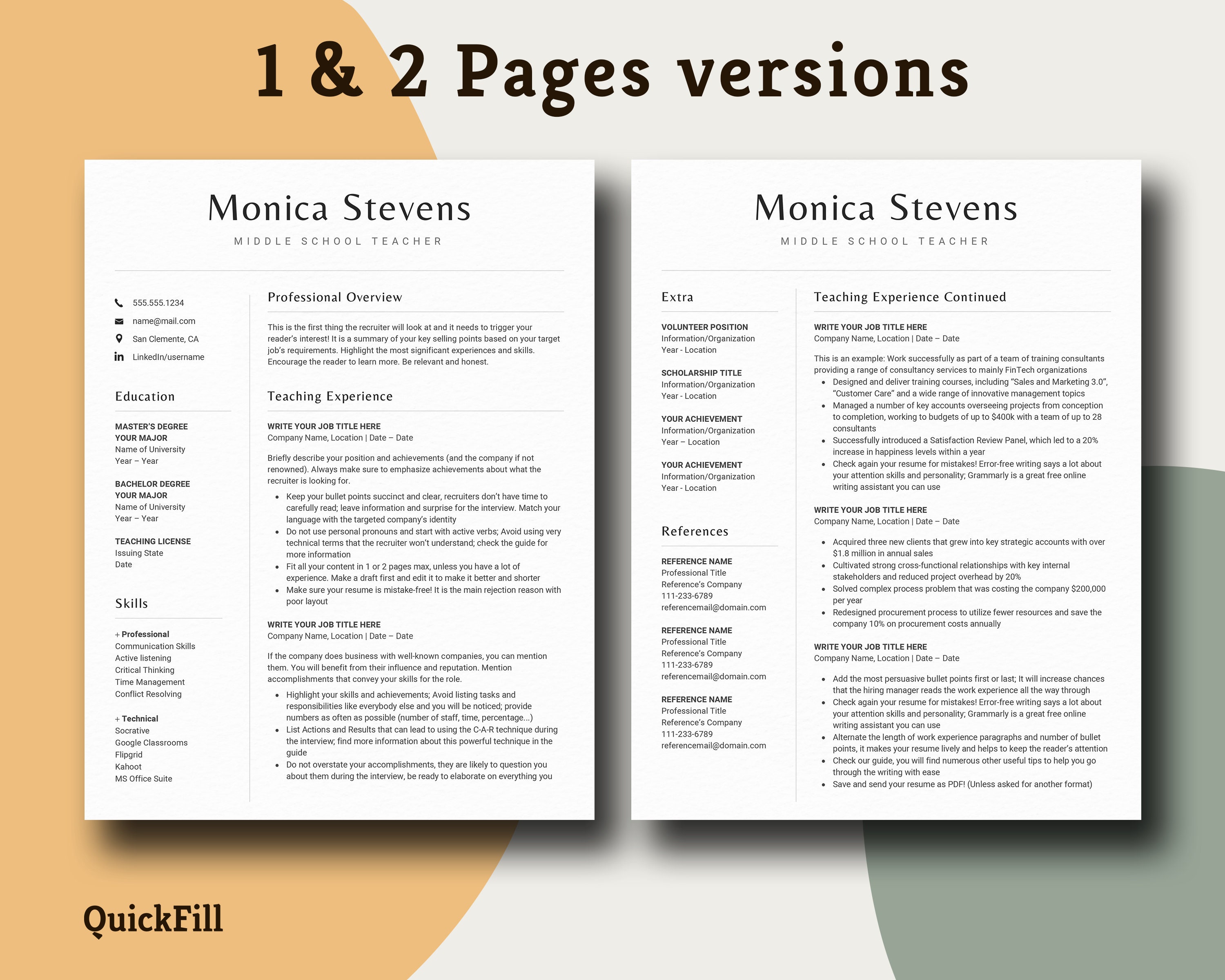 Modern Resume Template Teacher for Google Docs & Word, Teacher CV ...