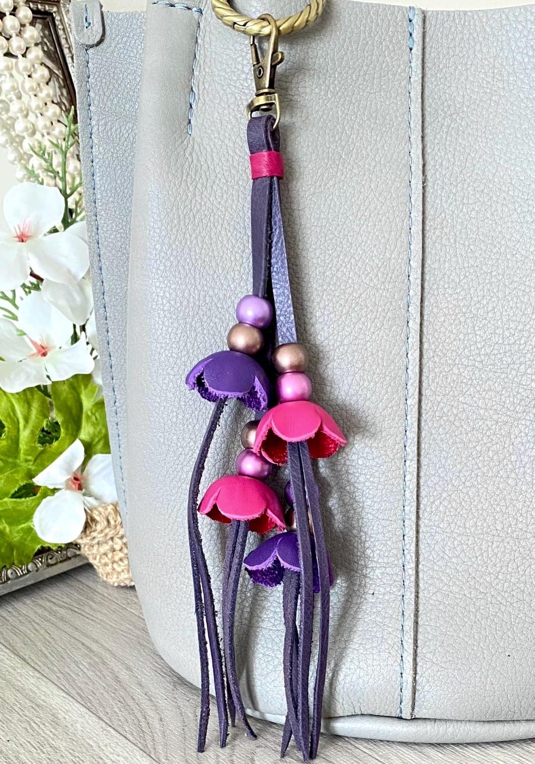 Leather Flower Tassel Bag Charm - Handmade Purse Charm - Etsy