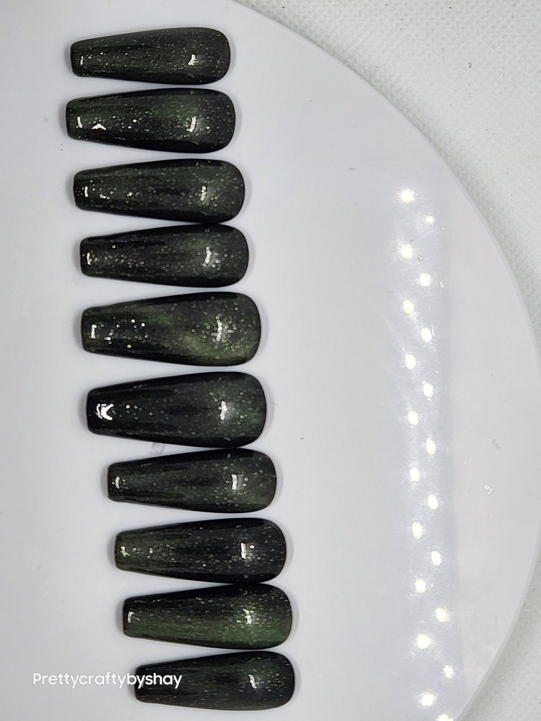 Long Coffin Black Green Cat Eye Artificial Handmade Faux Press on Nails ...