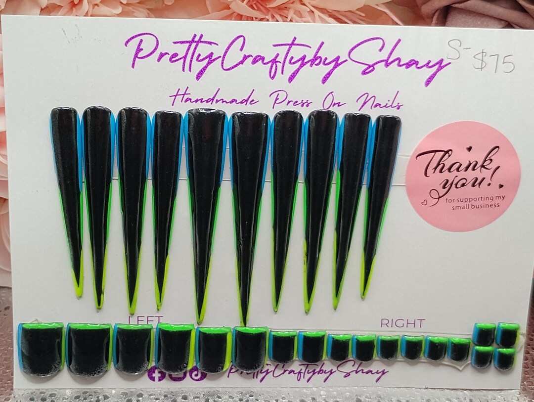 Gamer Girl 4XL Stiletto Black Neon Handmade Gel Artificial Press on ...