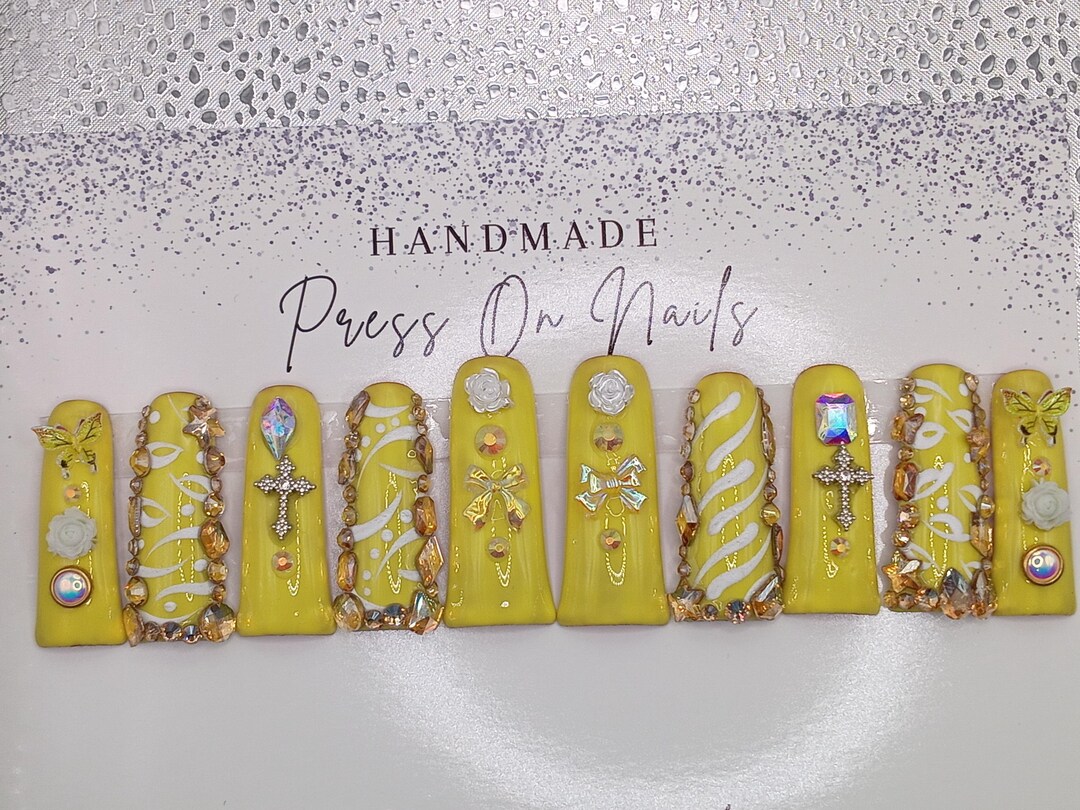 Yellow XL Red Bottom Fully Blinged Out Handmade Gel Press on Nails With ...