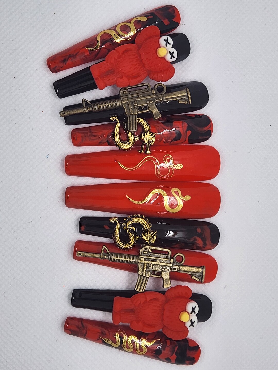 Red Black Kaws 4XL Ballerina Coffin Marble Handmade Press on Nails Size ...