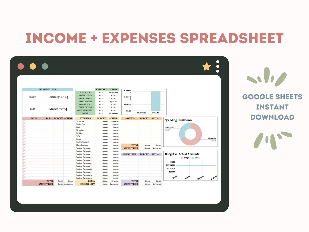 Income Expenses Tracker: Google Sheets Budget Spreadsheet (digital ...
