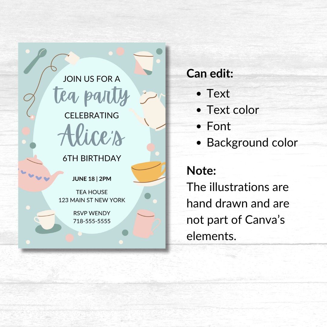 Editable Tea Party Birthday Invitation: Kawaii Canva Template (digital ...