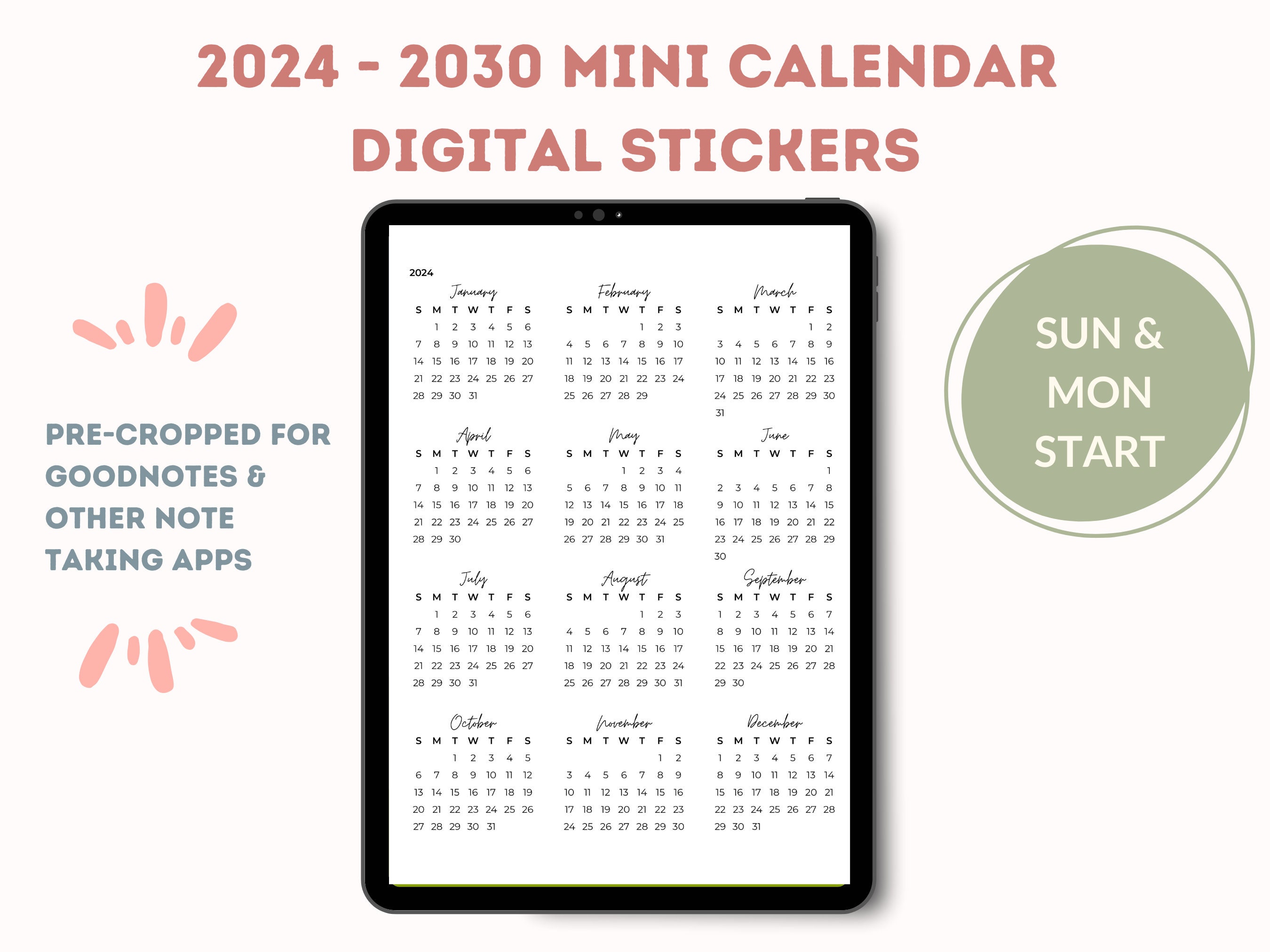 2024-2030 Mini Calendar Digital Stickers: Goodnotes, Notability (pngs ...