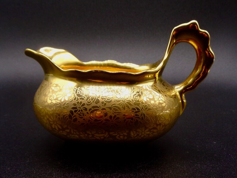 24K Gold Heavily Coated Porcelain Creamer Beautiful Floral Relief ...
