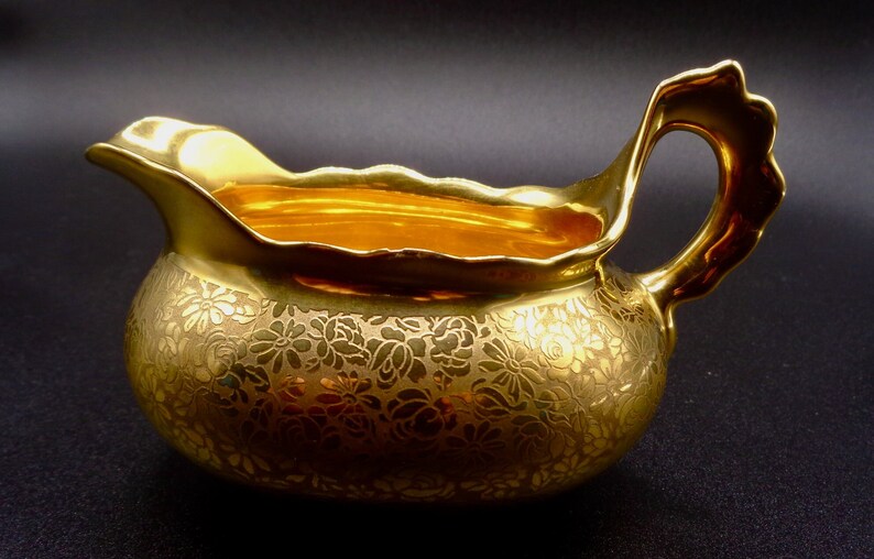 24K Gold Heavily Coated Porcelain Creamer Beautiful Floral Relief ...